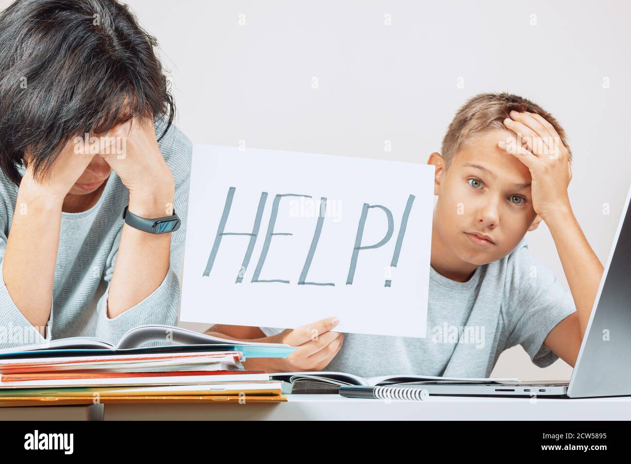 Learning difficulties, remote education, online learning concept. Tired ...