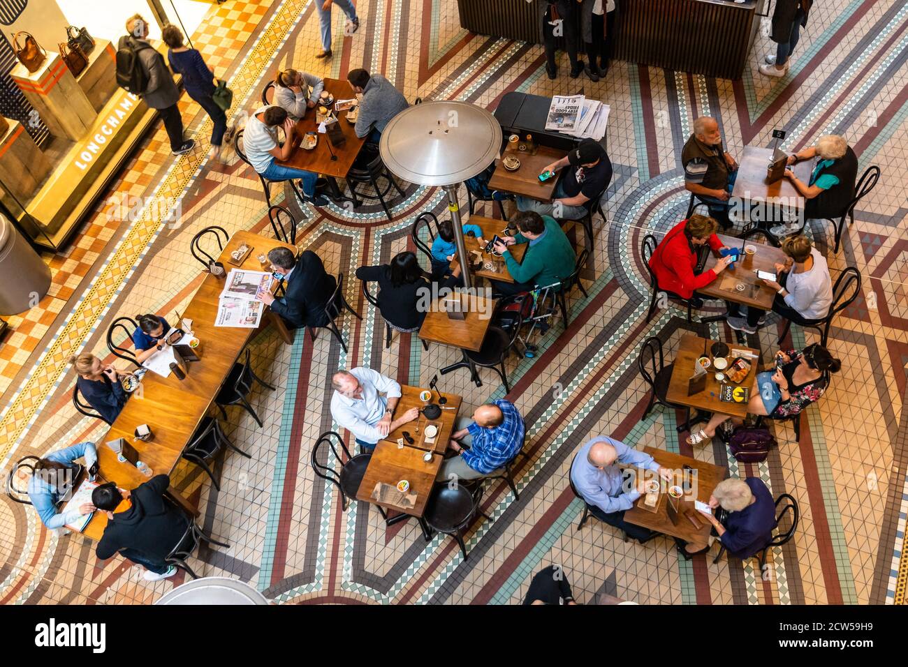 Sydney, Australia - 10 2018: Top view of Queen Victoria Building cafe ...