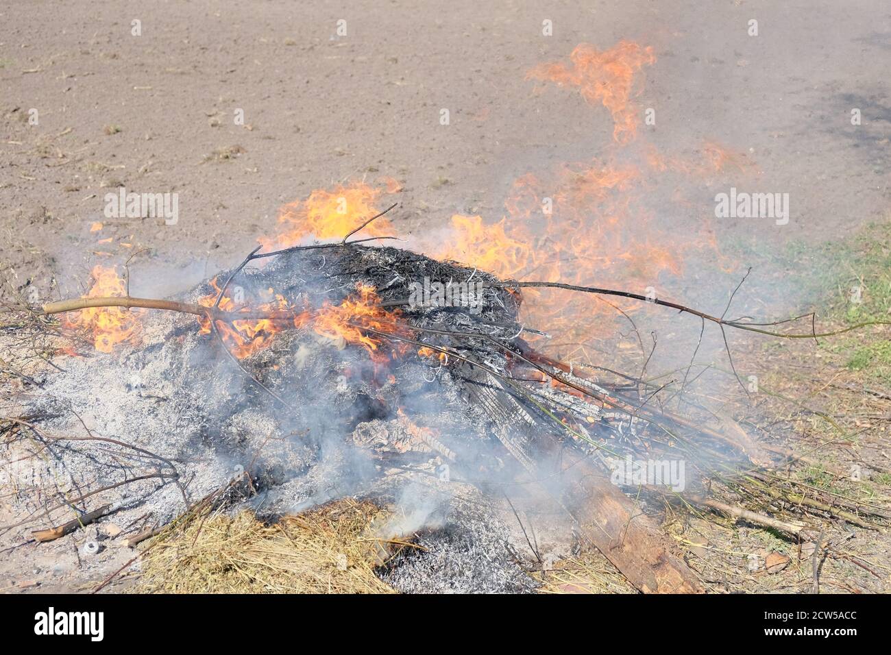 Big bonfire in the open air. A pile of ash from burnt boards and ...