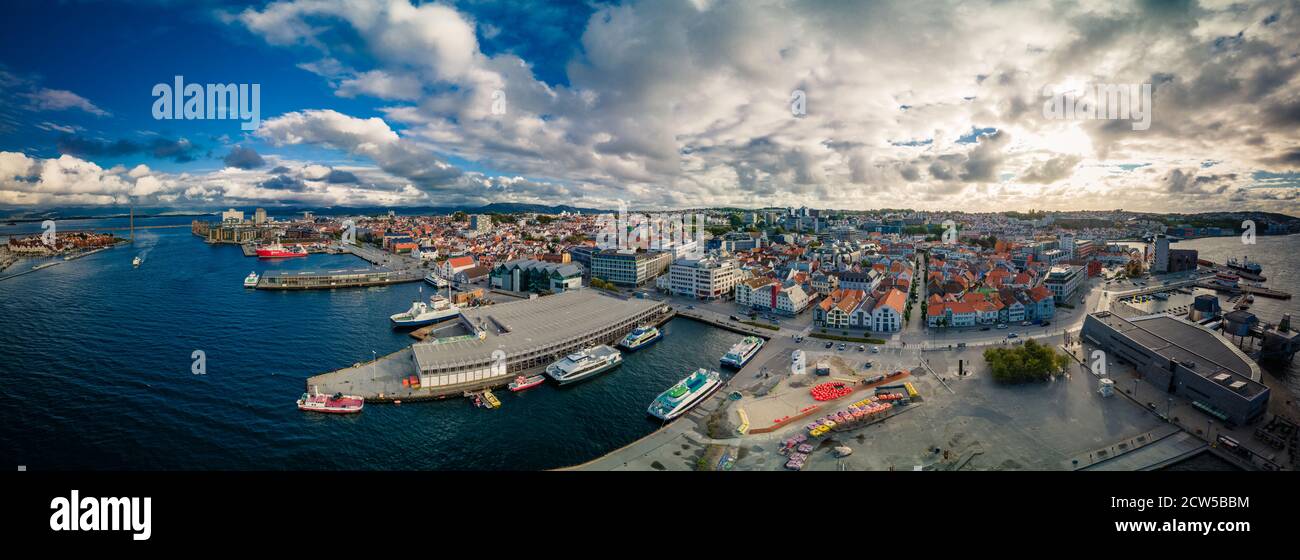 Aerial drone panoramic view of Stavanger city center, downtown Stock ...