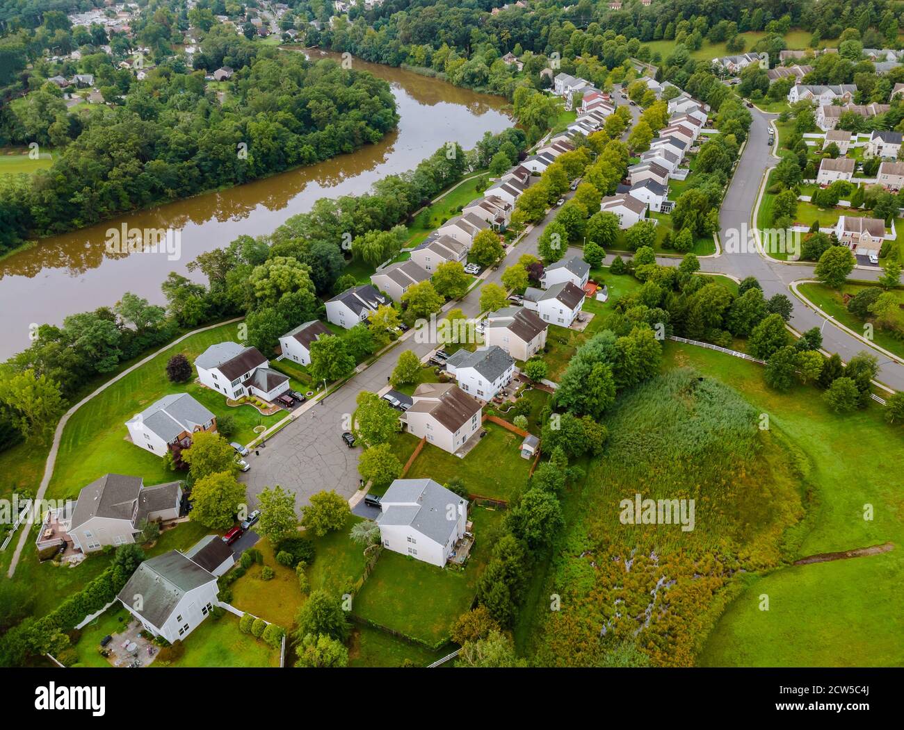 Scenic seasonal landscape from above aerial view of a small town in ...