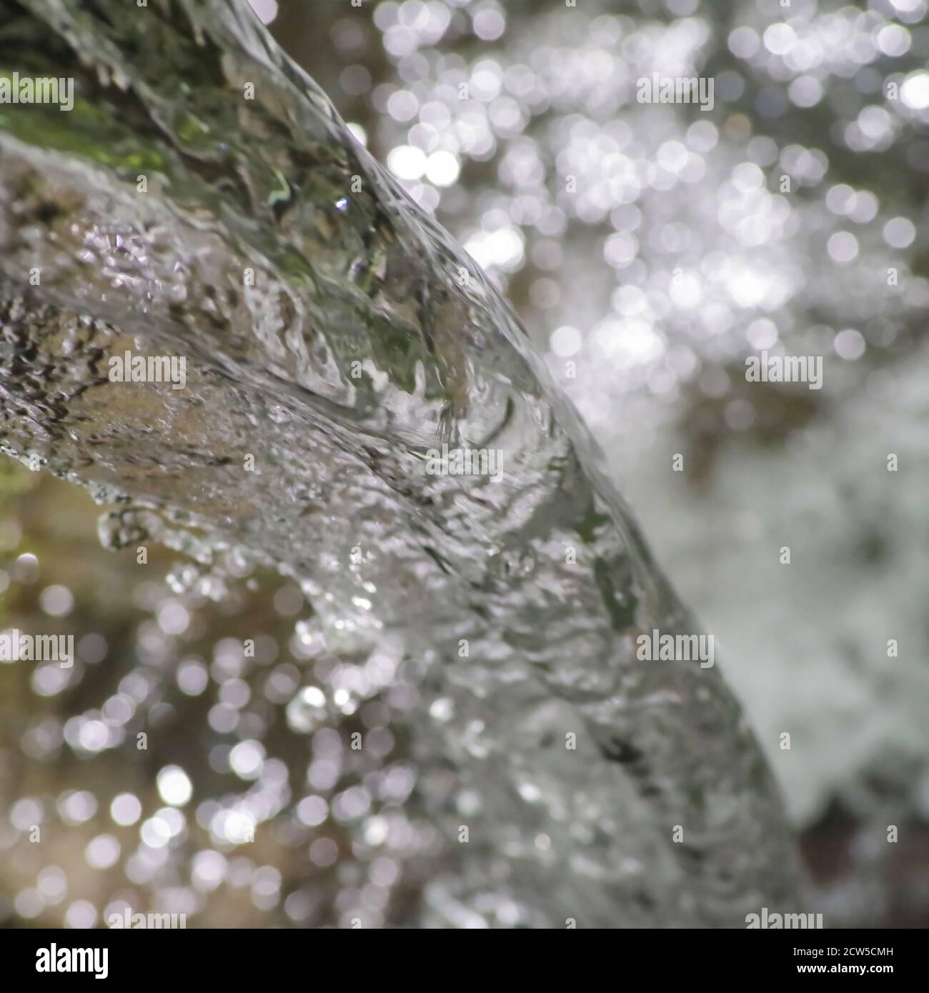 Close up macro of a stream of clean water pouring from forest waterfall ...