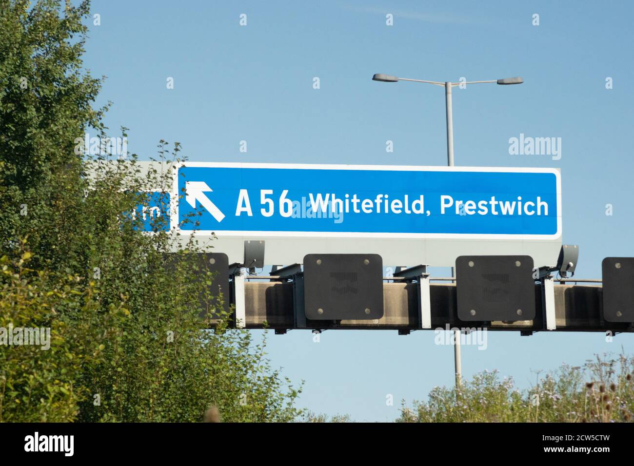 M60 motorway junction 17, overhead gantry sign for A56 Whitefield and ...