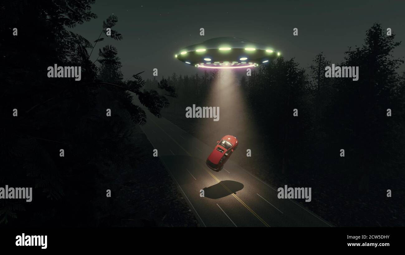 Fantasy flying saucer ufo car at road night Stock Photo - Alamy