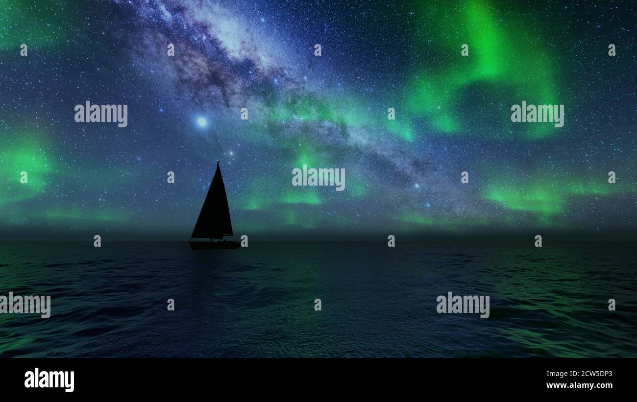 Beautiful northern lights sailboat Sea landscape Stock Photo - Alamy