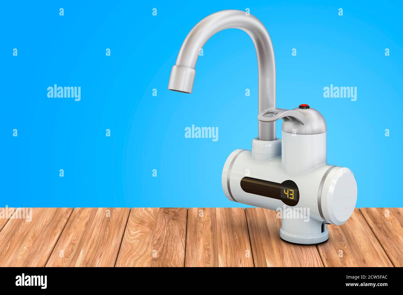 Instant electric hot water heater on the wooden table, 3D rendering ...