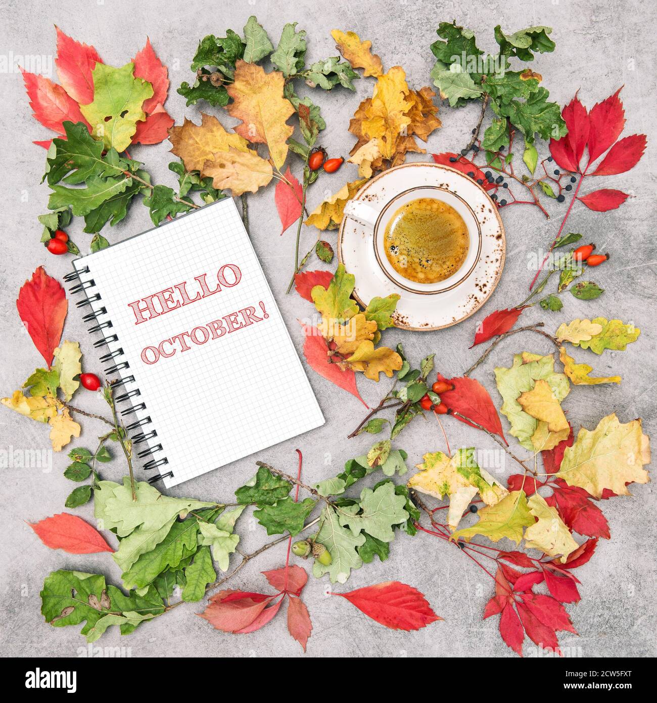 Hello October! Paper and coffee. Autumn flat lay Stock Photo - Alamy
