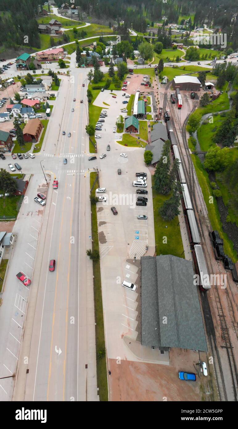 Aerial view of train station and cityscape in the countryside Stock ...