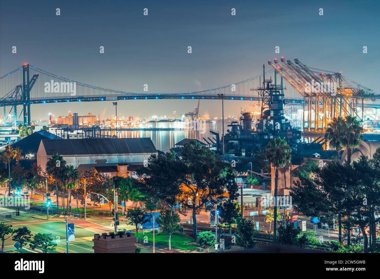 Night View of Port of Los Angeles, Vincent Thomas Bridge, Battleship ...