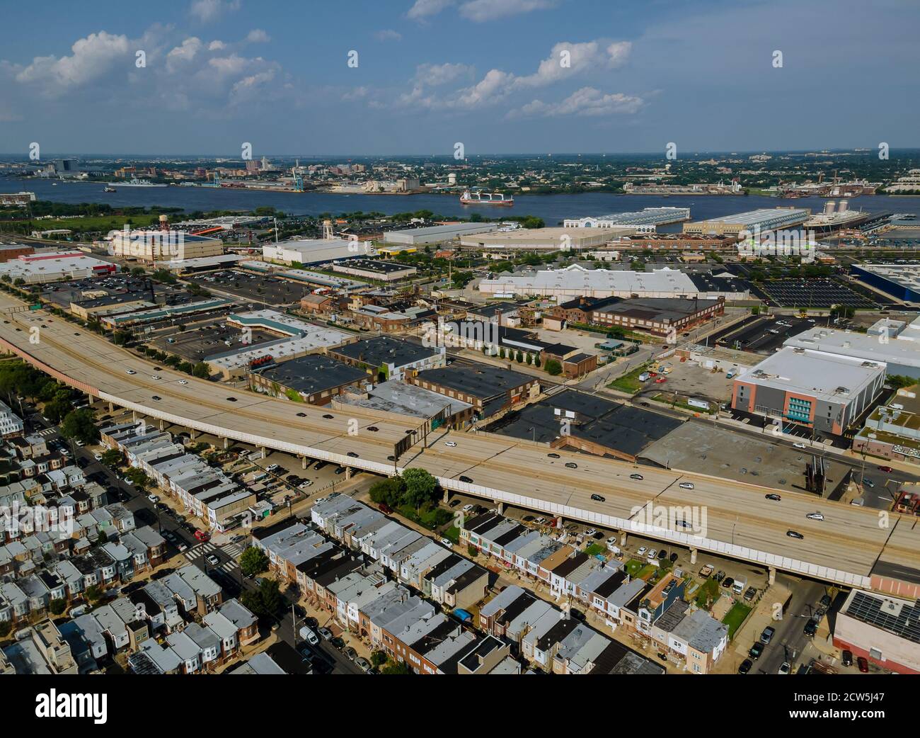 Aerial view of small streets and roads in a residential area on leaving ...