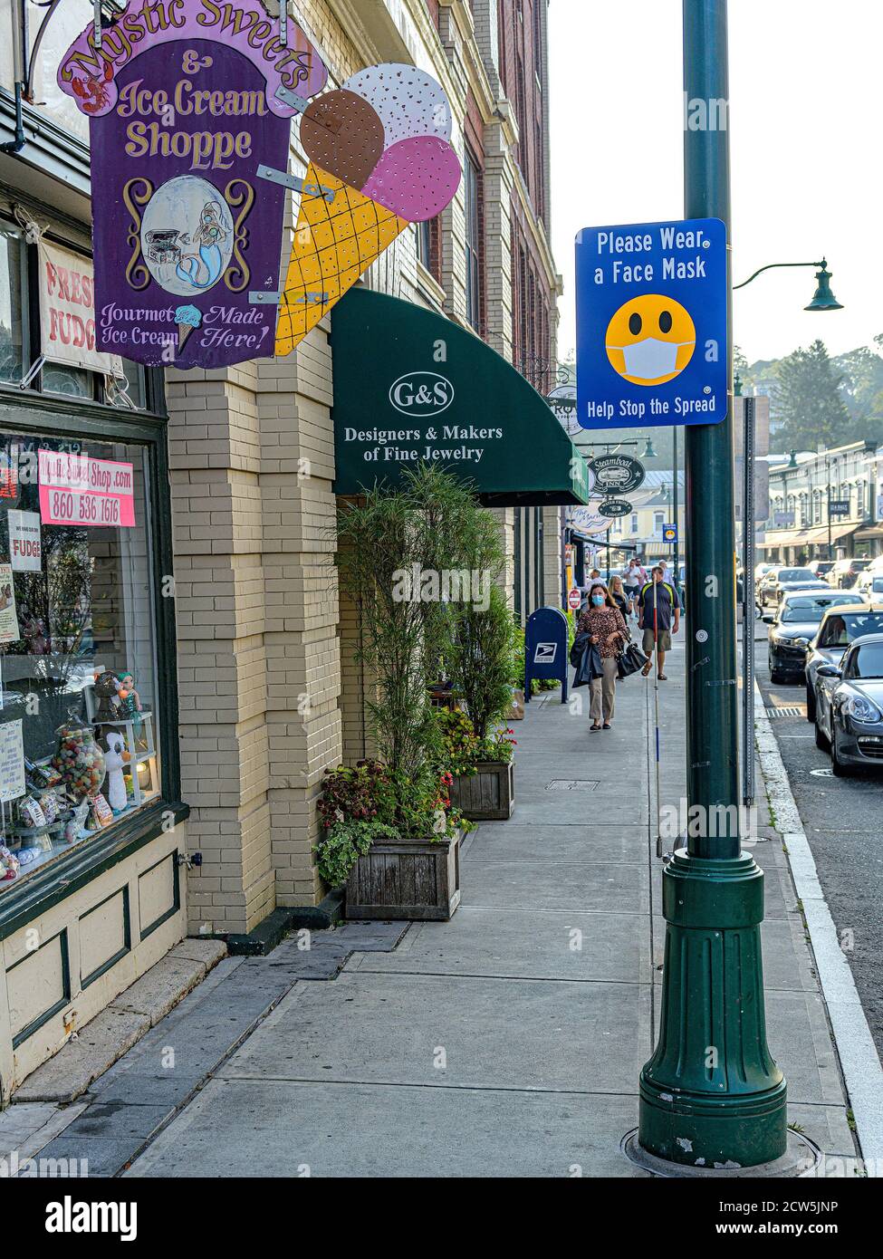 Signs in downtown Mystic CT Stock Photo - Alamy