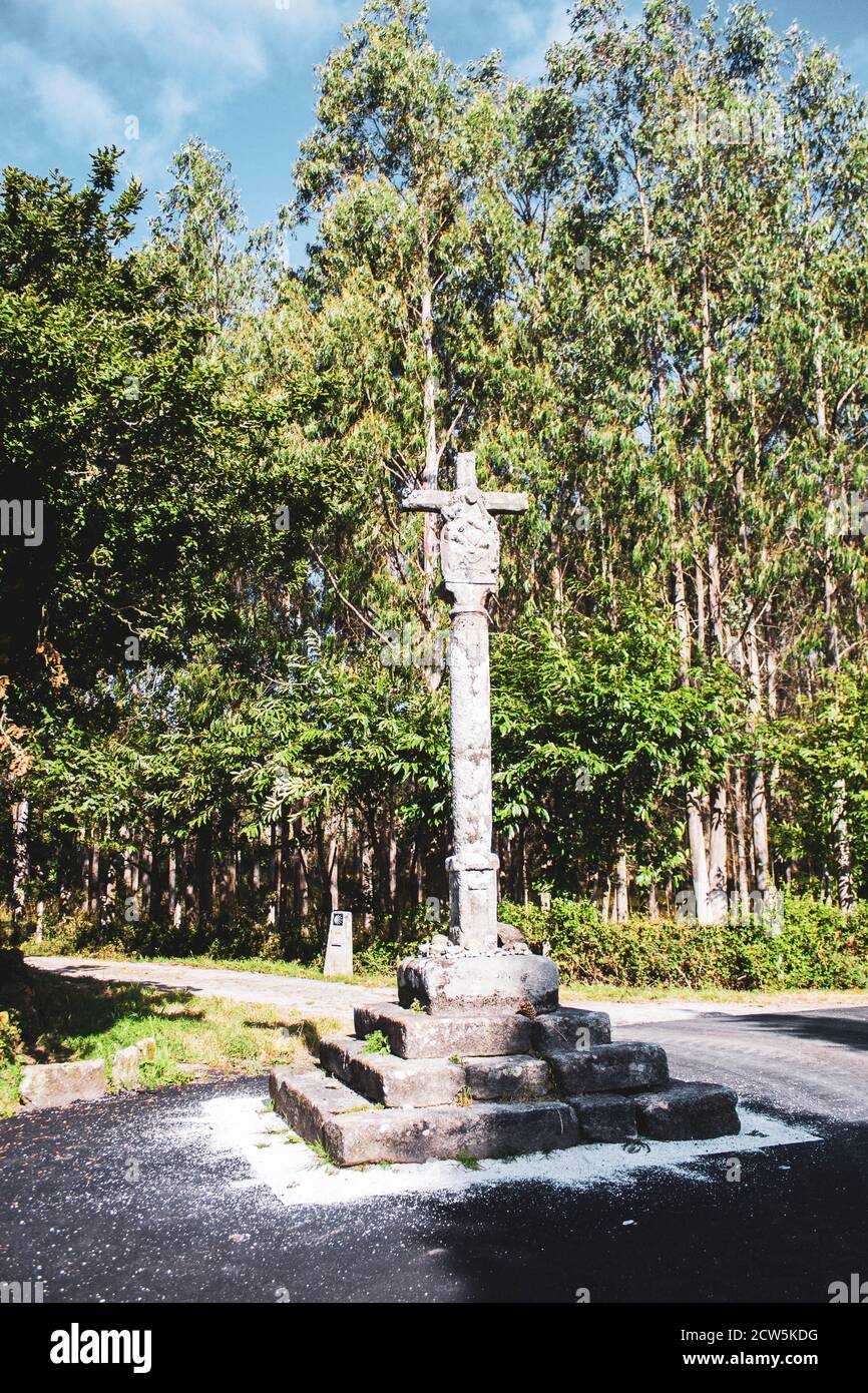 high stone cross on the way of santiago Stock Photo - Alamy