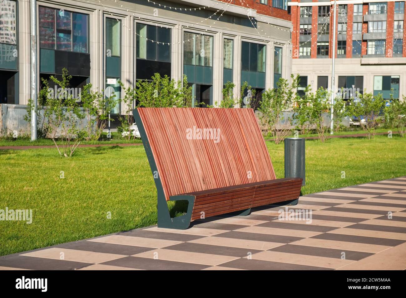 Contemporary style high backed wooden bench of utterly simple design in ...