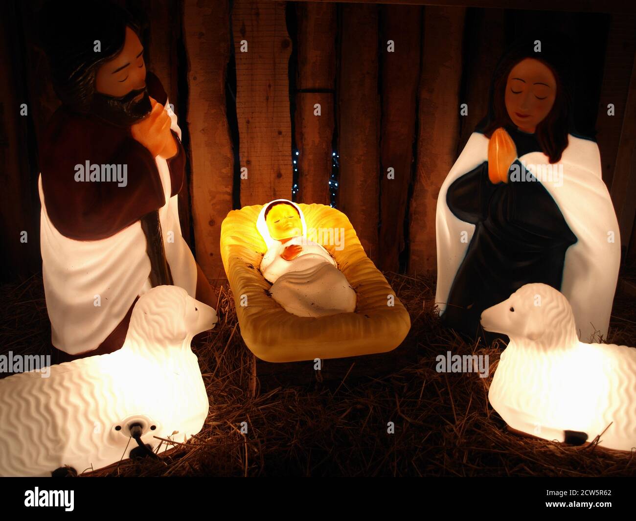 Illuminated Christmas Nativity scene in Platonas, Corfu, Greece Stock ...