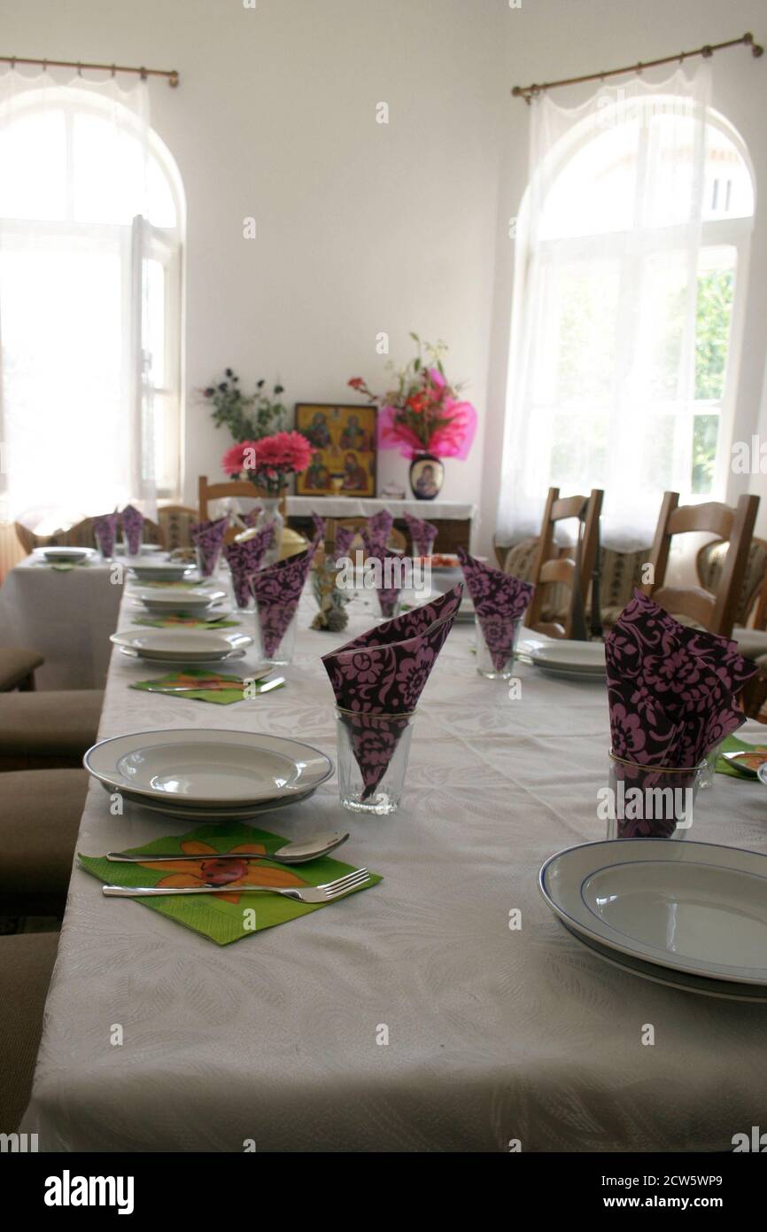 Interior of a Refectory at a Christian Orthodox monastery in Romania ...