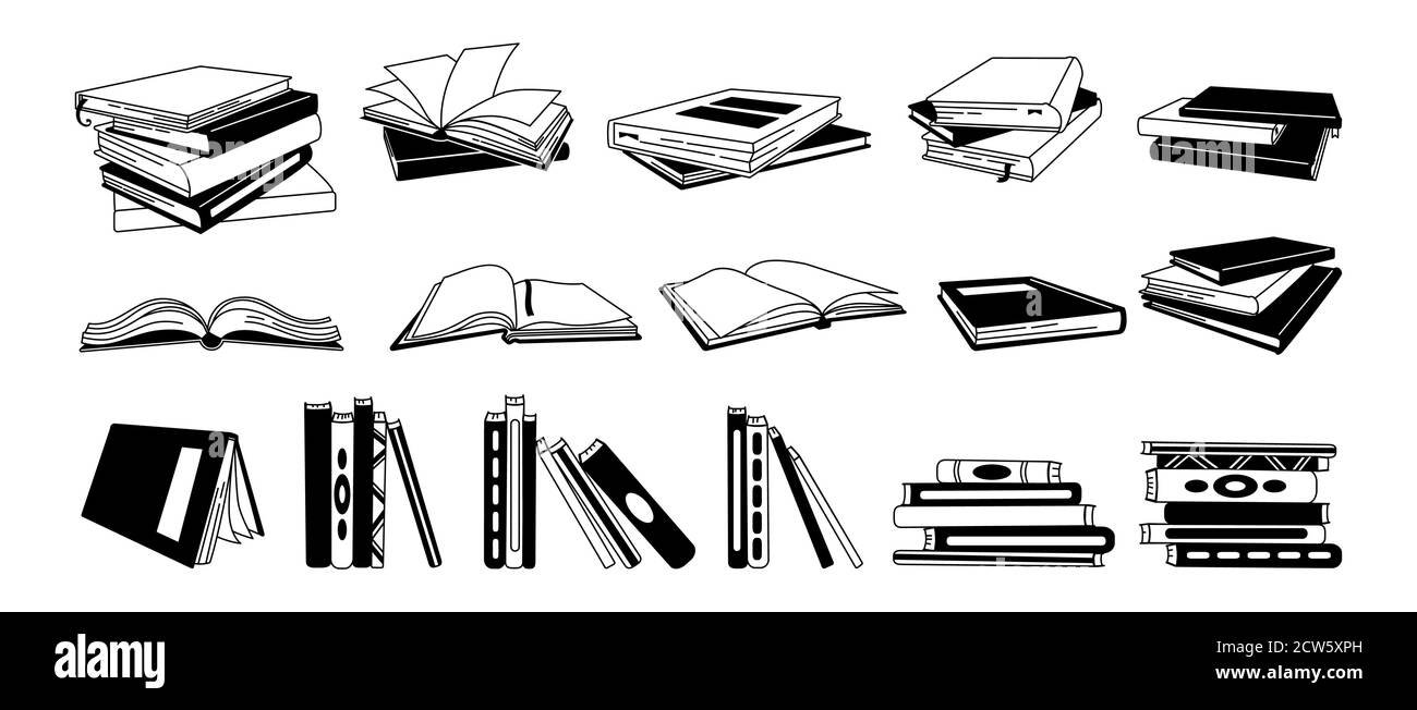 Book glyph cartoon set. Hand drawn monochrome textbooks, hardbacks ...