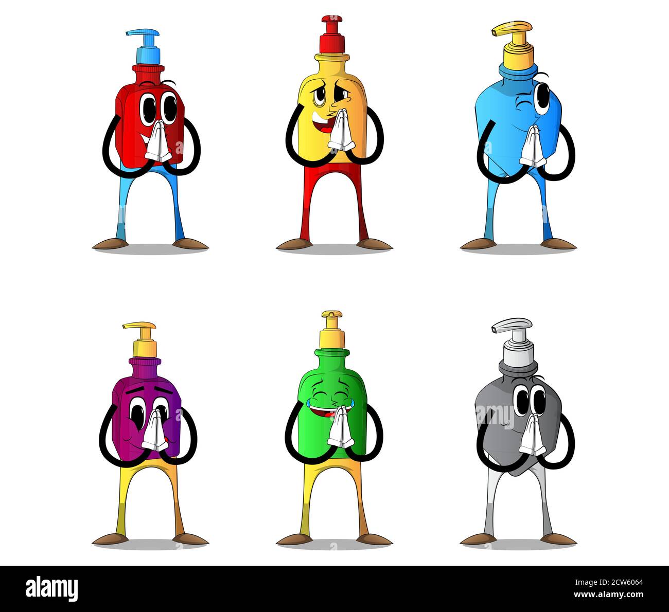 Cartoon bottle of hand sanitizer gel for hygiene with face with praying ...