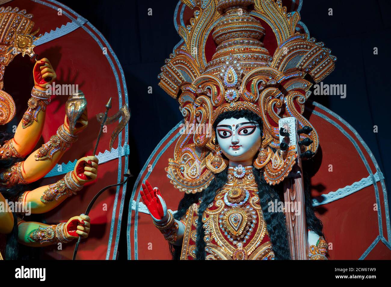 Idol of Goddess Saraswati, decorated Durga Puja pandal, Durga Puja ...