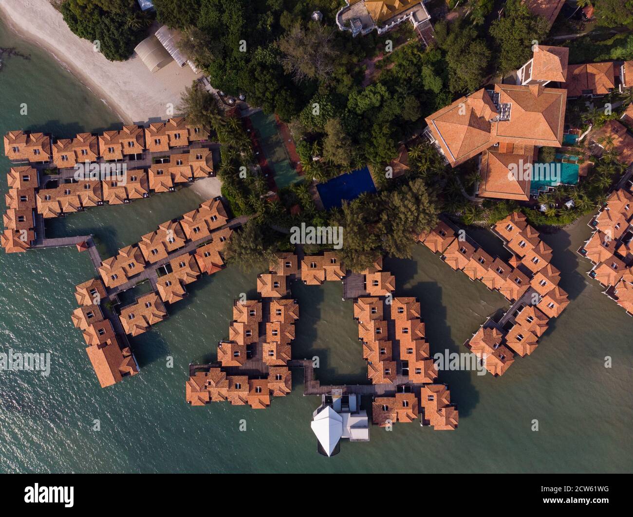 Scenic aerial view of beautiful water chalets in Avillion Port Dickson ...