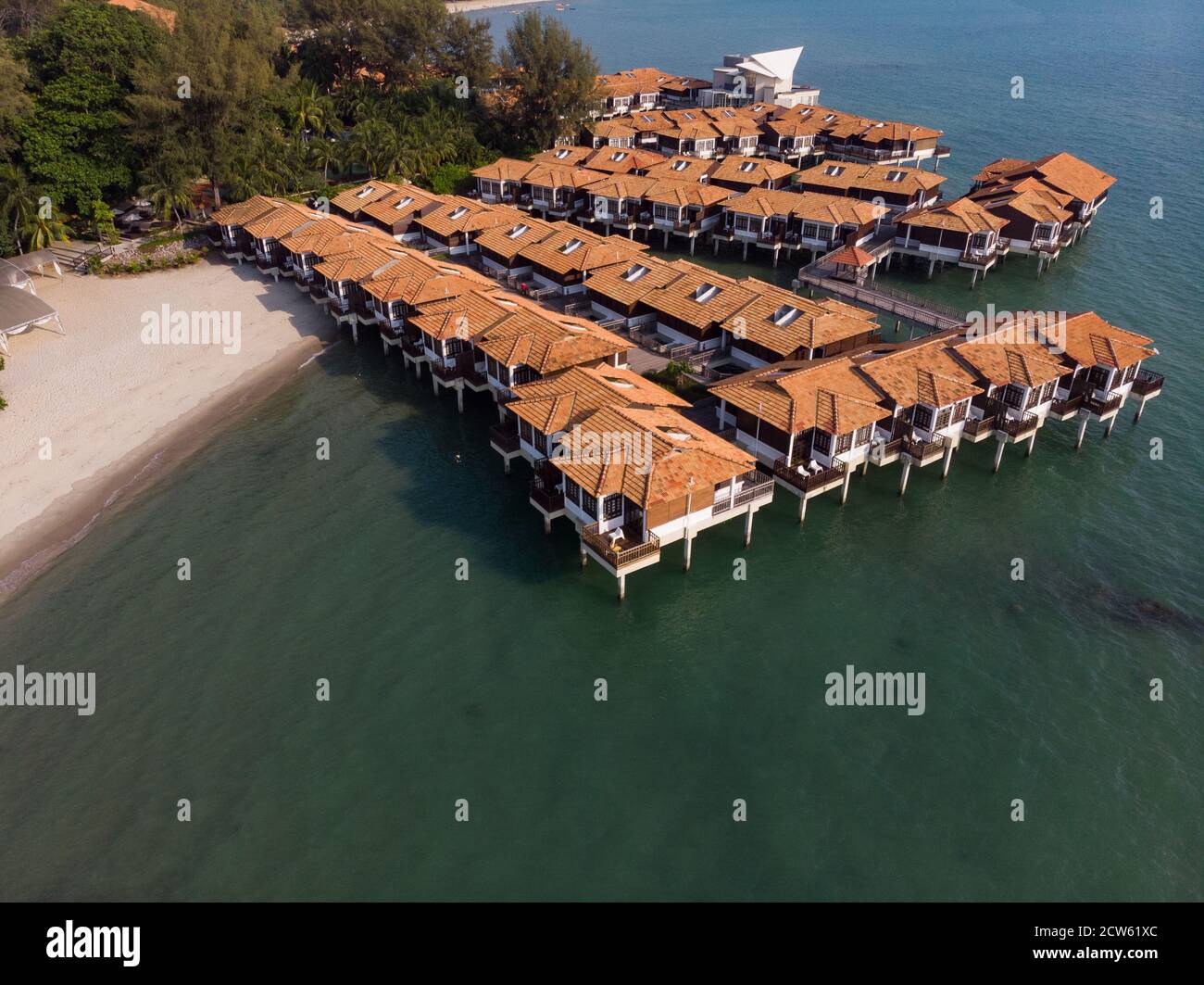 Scenic aerial view of beautiful water chalets in Avillion Port Dickson ...