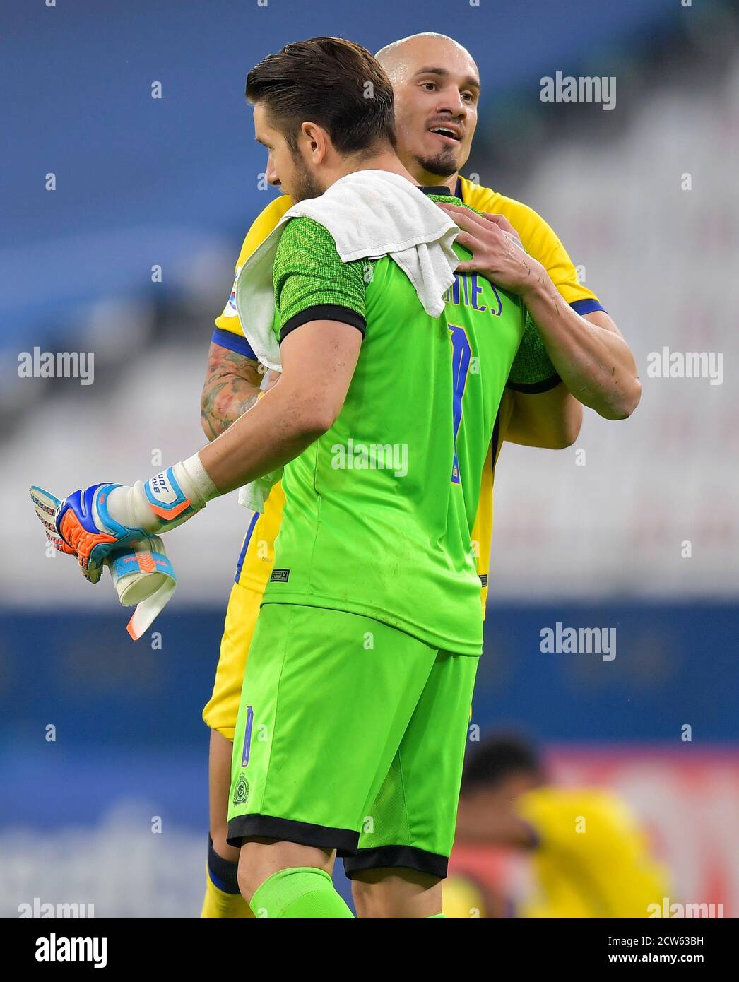 Doha, Qatar. 27th Sep, 2020. Al Nassr's goalkeeper Brad Jones (L) and ...