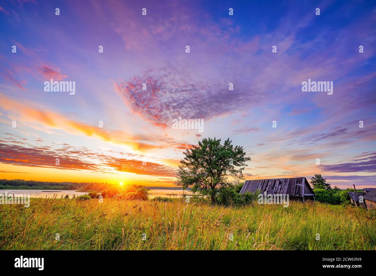 Old wooden hut and lonely tree at sunset in countryside at spring Stock ...