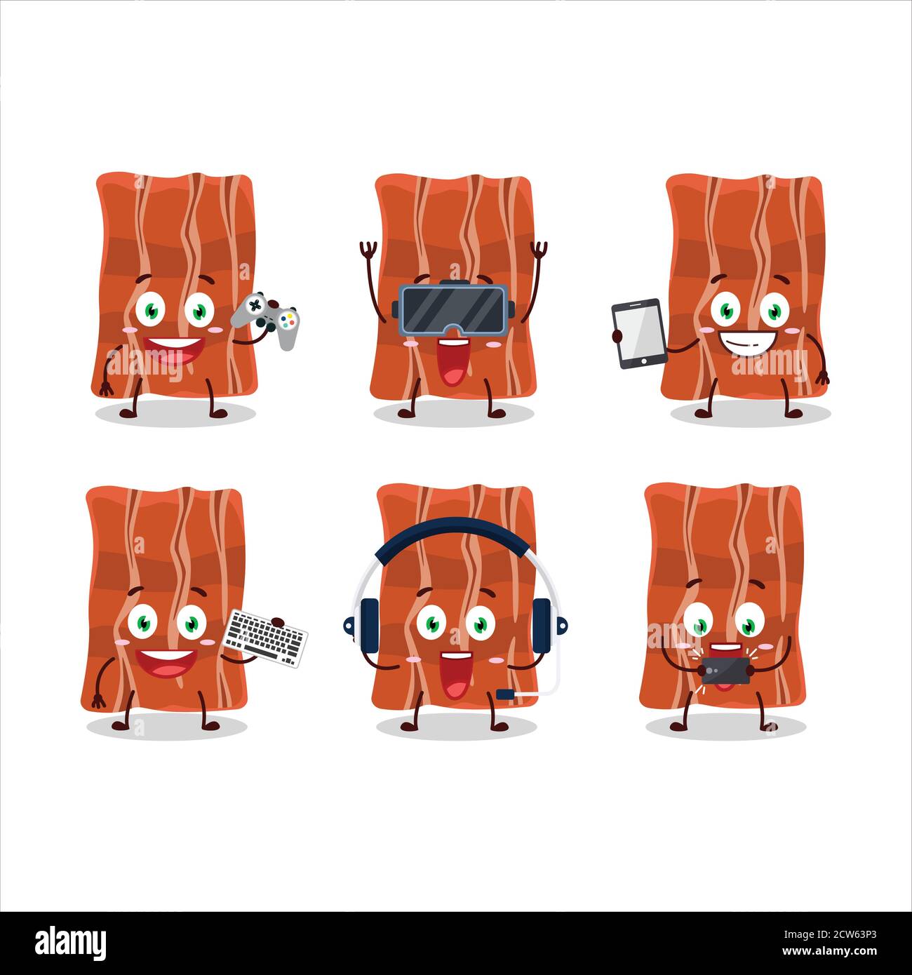 Fried bacon cartoon character are playing games with various cute ...