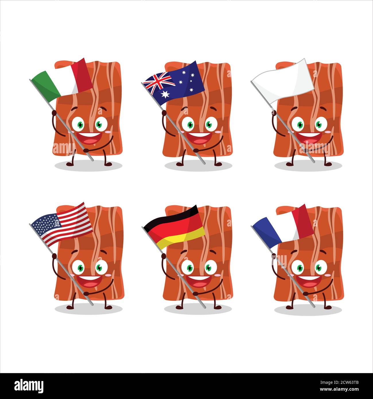 Fried bacon cartoon character bring the flags of various countries ...