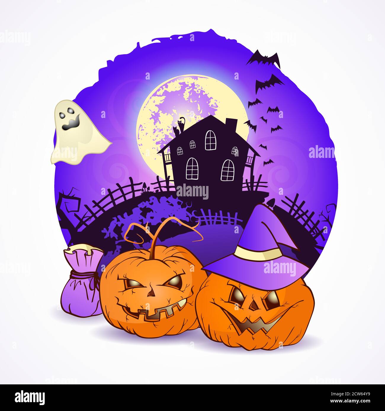 Halloween vector illustration with pumpkins heads, witch hat and bag on ...