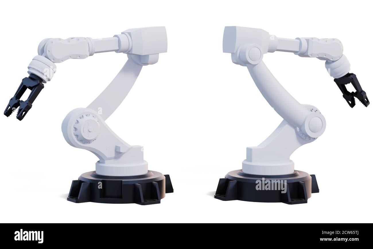 White robotic arm with blank space on white background. 3d rendering ...