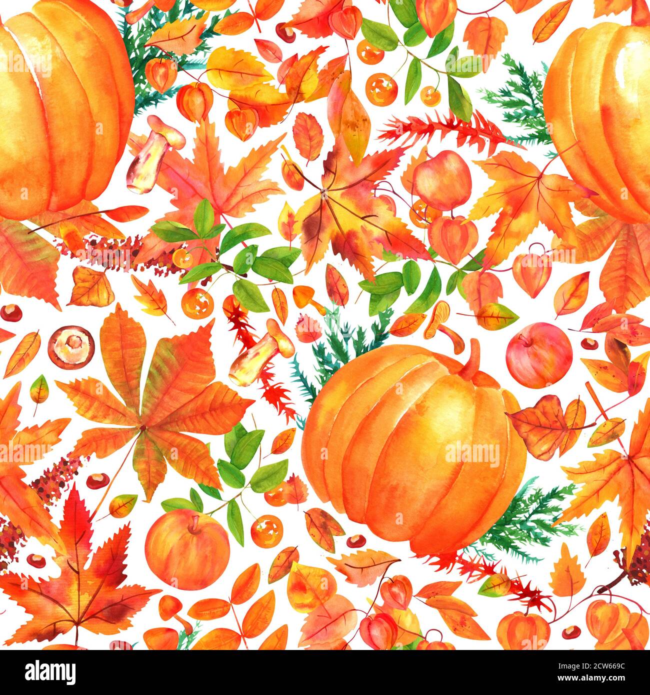 Autumn harvest seamless pattern. Watercolor repeat print with fall ...