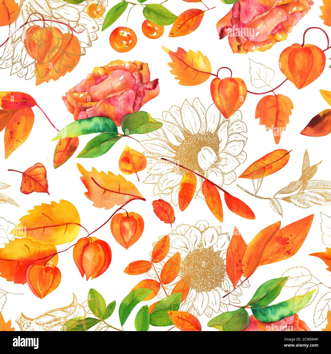Seamless pattern with watercolor autumn leaves and flowers, on a white ...