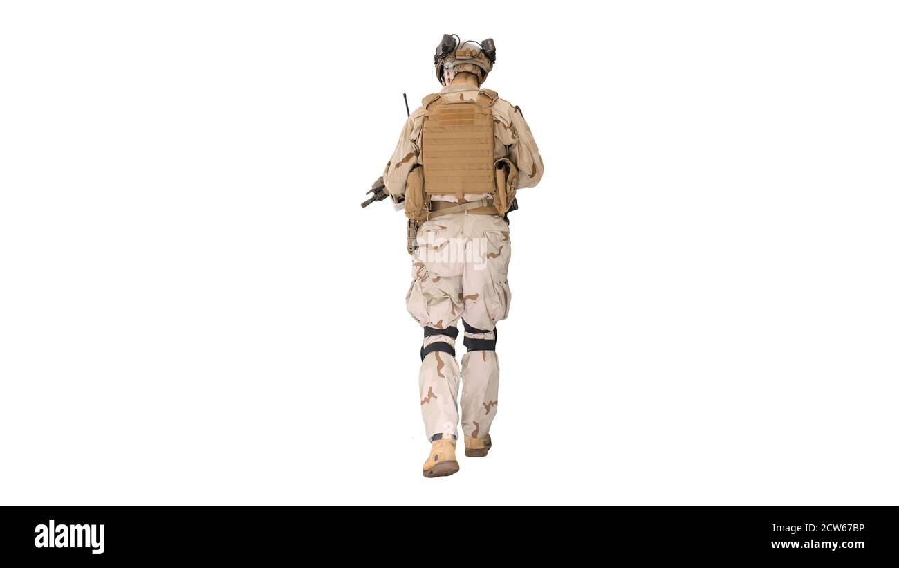 US Army ranger in combat uniform walking on white background Stock ...