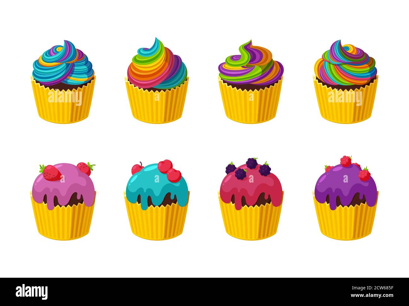 Cupcakes with colorful frosting, rainbow icing and berries. Big set of ...