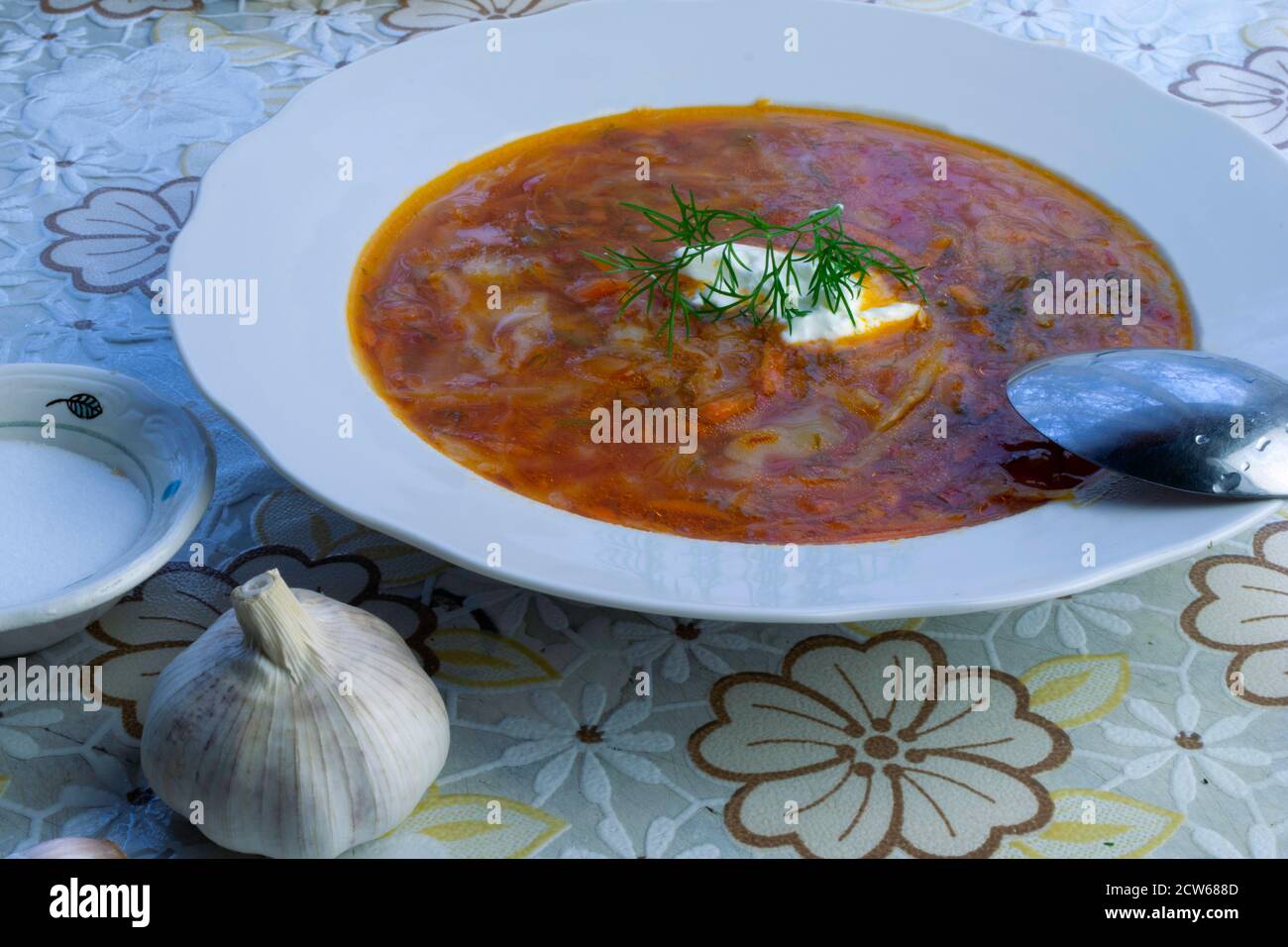 ukrainian and russian red-beet soup borscht with garlic and sour cream ...