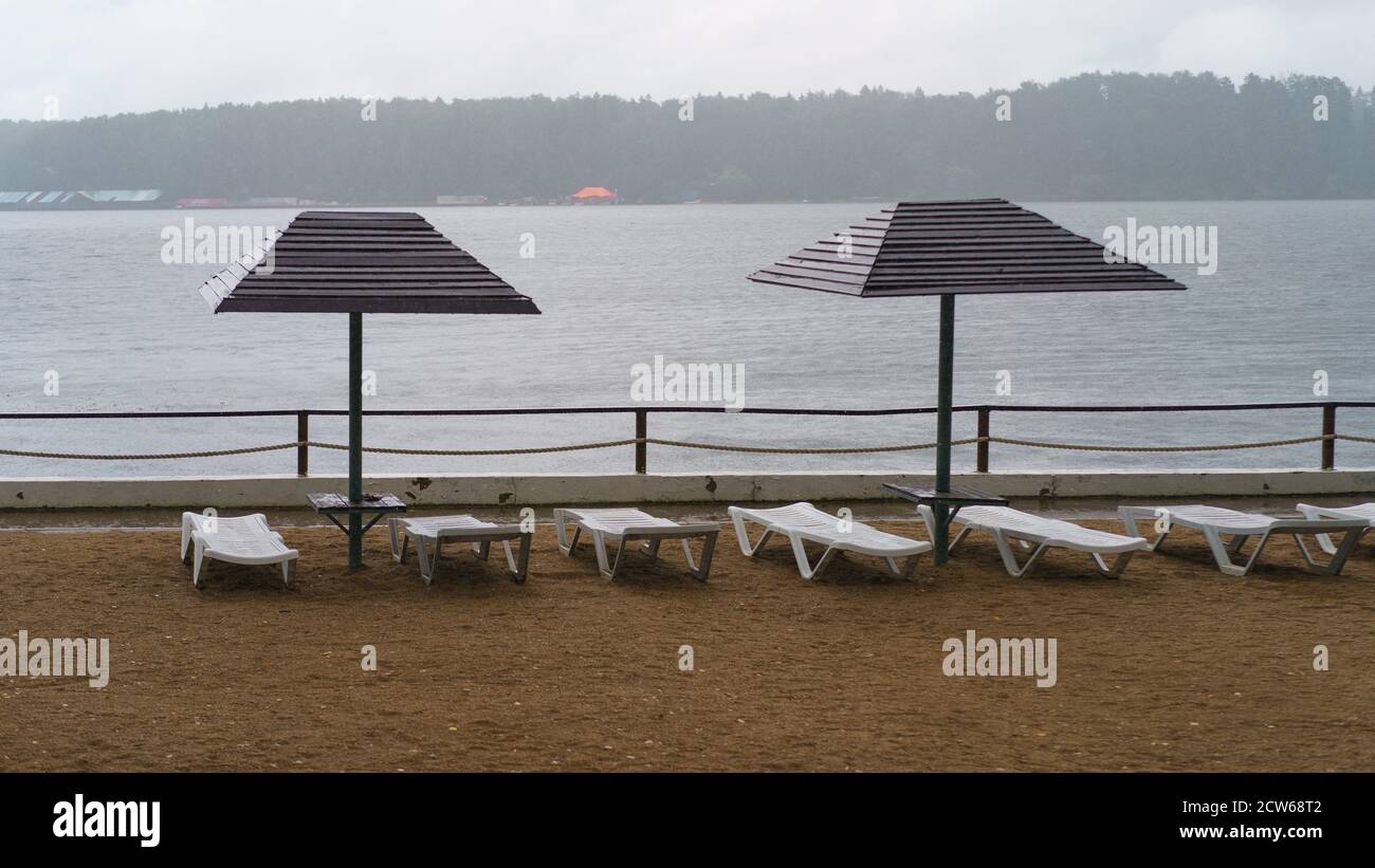 Domestic touristic resort in the cold rainy day. Holidays concept. Wet ...