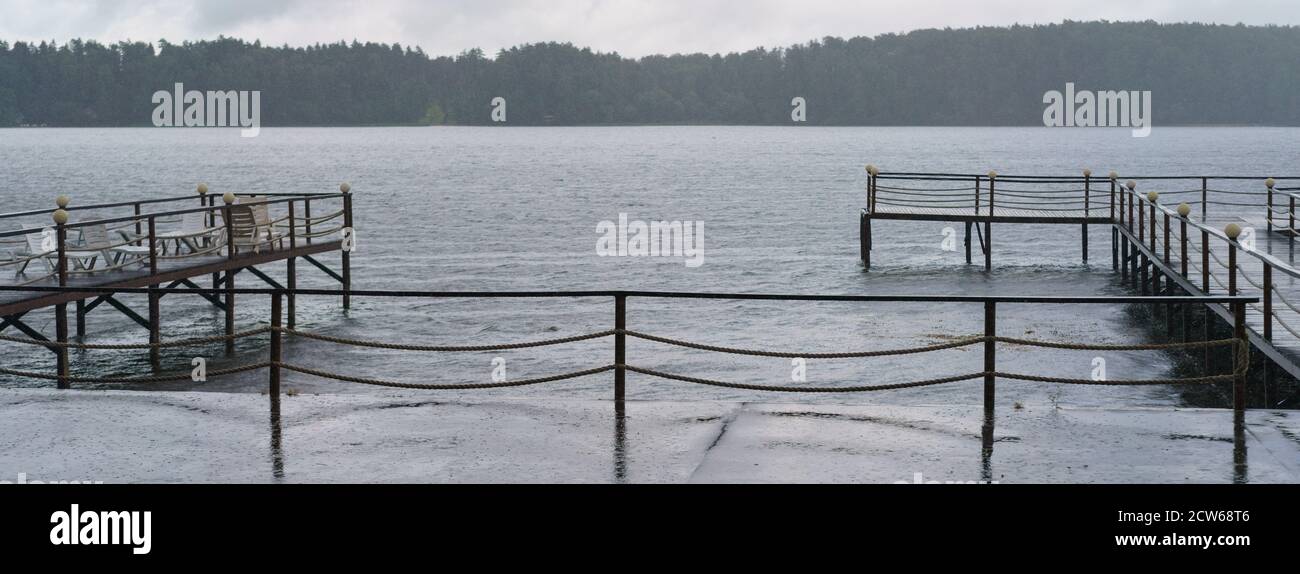 Domestic touristic resort in the cold rainy day. Holidays concept. Wet ...