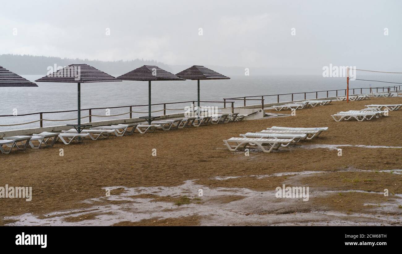 Domestic touristic resort in the cold rainy day. Holidays concept. Wet ...