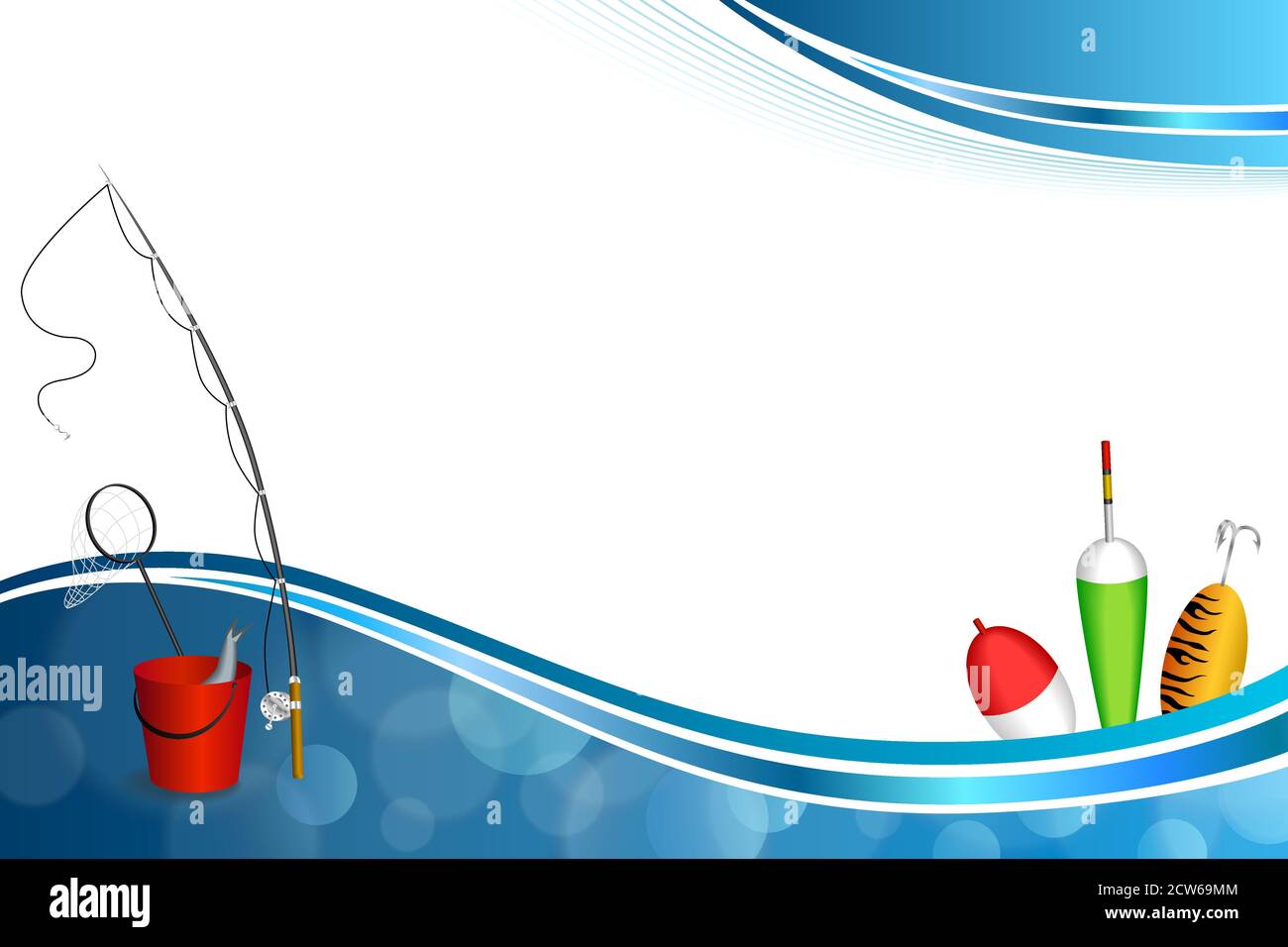 Background abstract blue white fishing rod red bucket fish net float ...