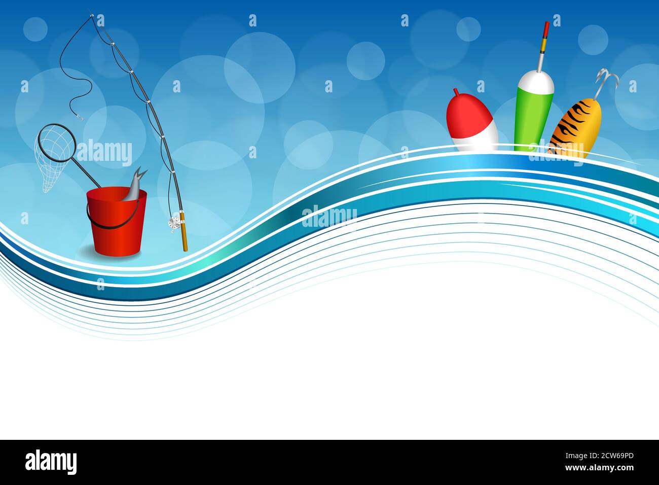 Background abstract blue white fishing rod red bucket fish net float ...