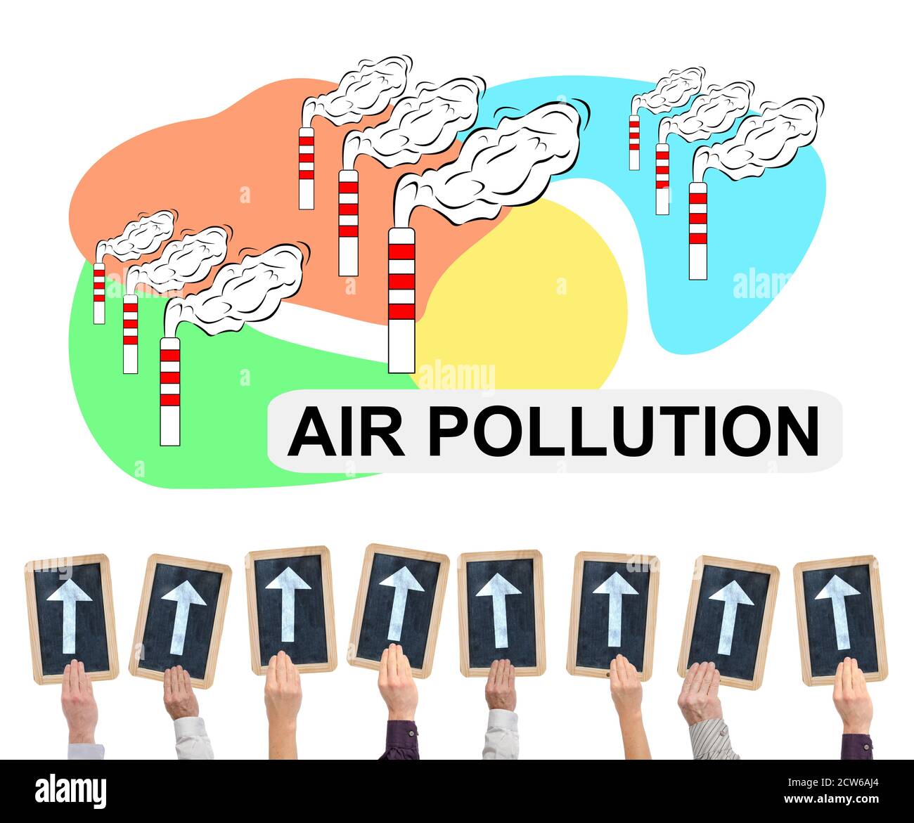 Hands holding writing slates with arrows pointing on air pollution ...