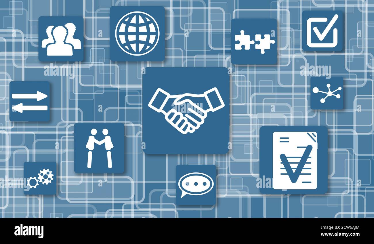 Concept of collaboration with icons on squares Stock Photo - Alamy