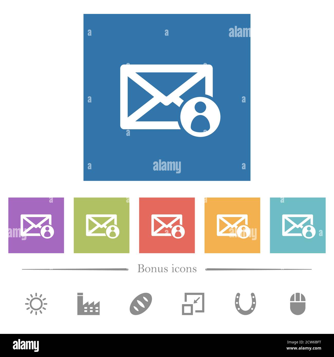 Mail sender flat white icons in square backgrounds. 6 bonus icons ...