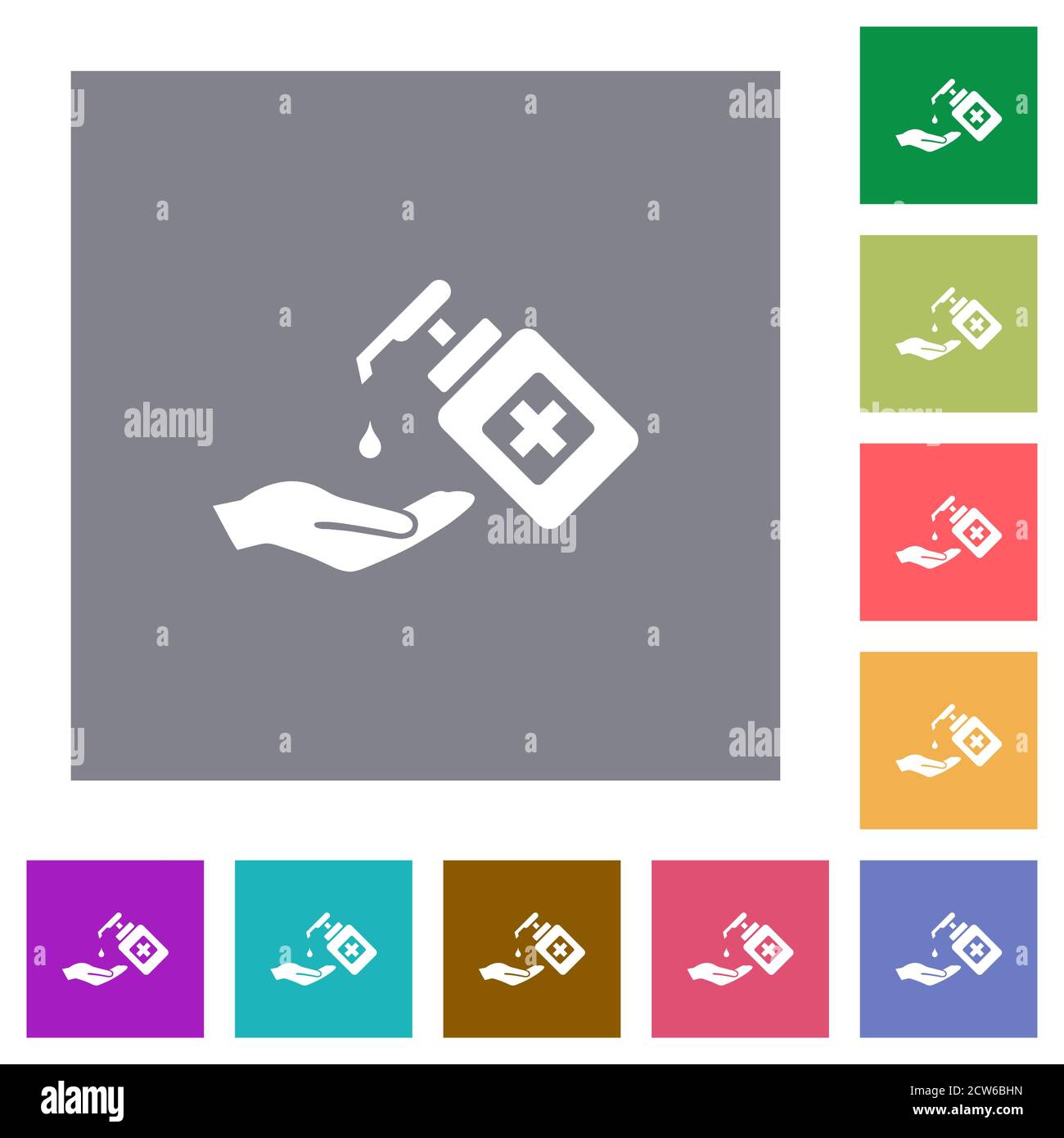 Hand washing with hand sanitizer flat icons on simple color square ...