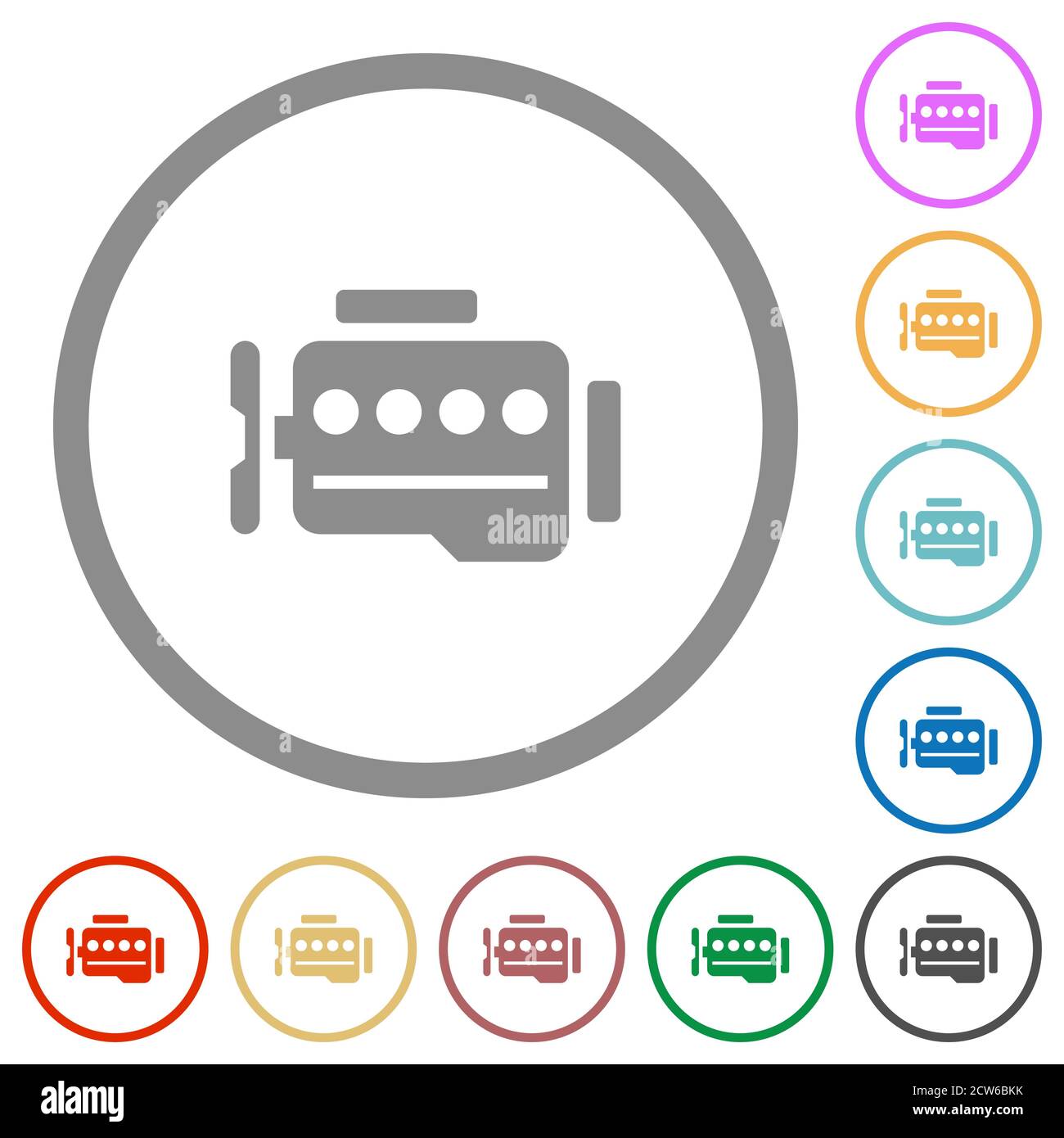 Engine symbol flat color icons in round outlines on white background ...