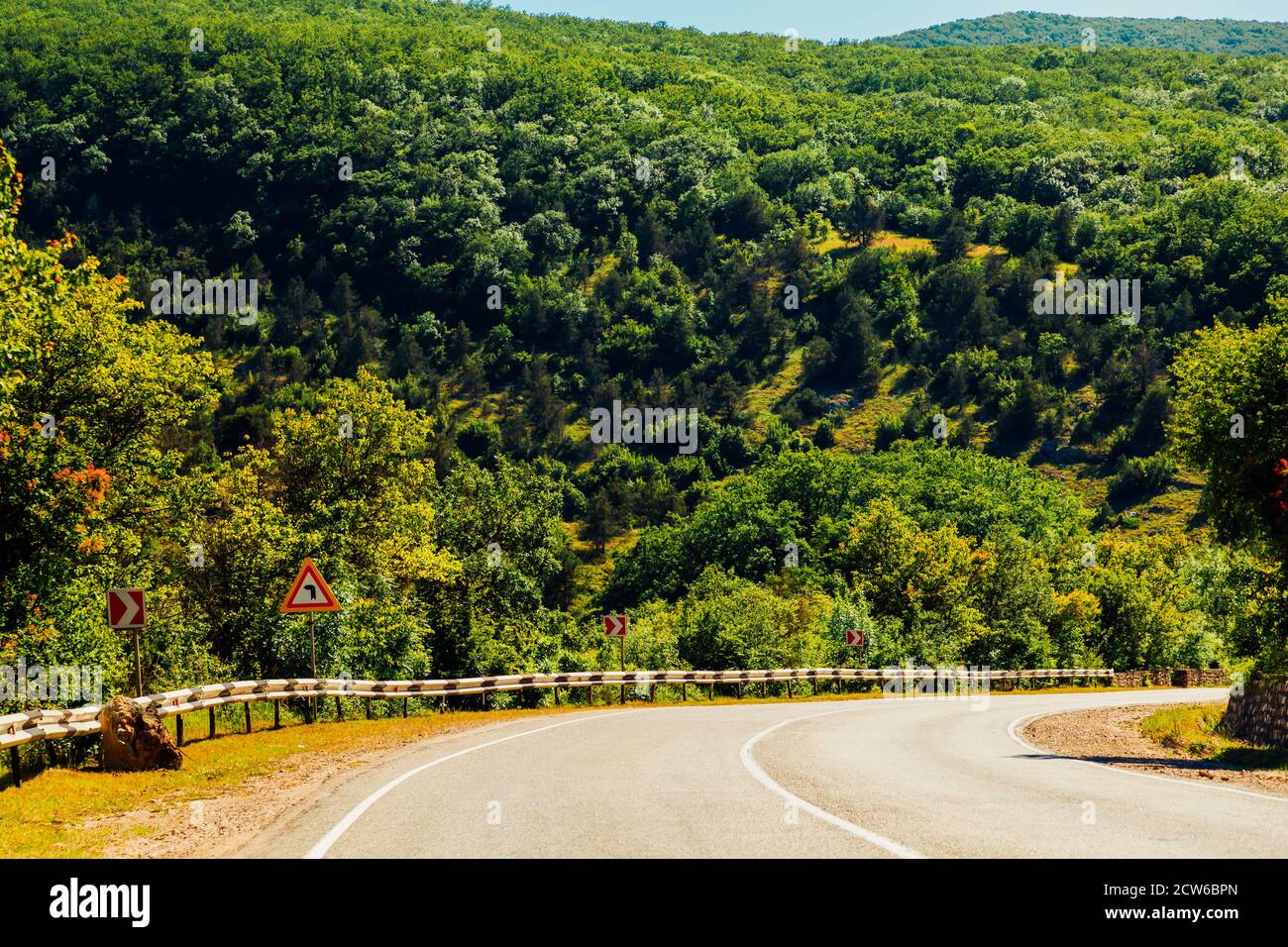 empty road with a turn in the green forest Stock Photo - Alamy