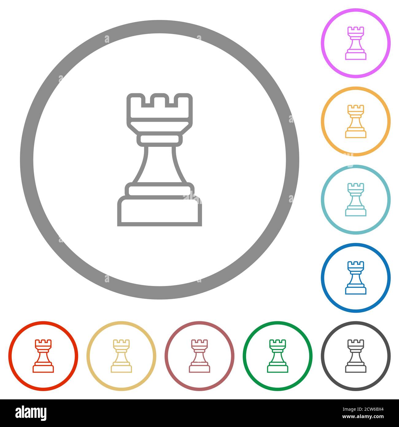 White chess rook flat color icons in round outlines on white background ...