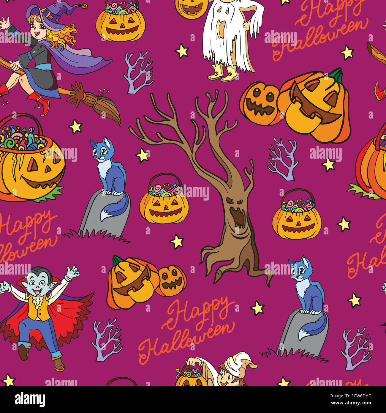 Halloween Seamless pattern with pumpkins, vampire, cat Stock Vector ...