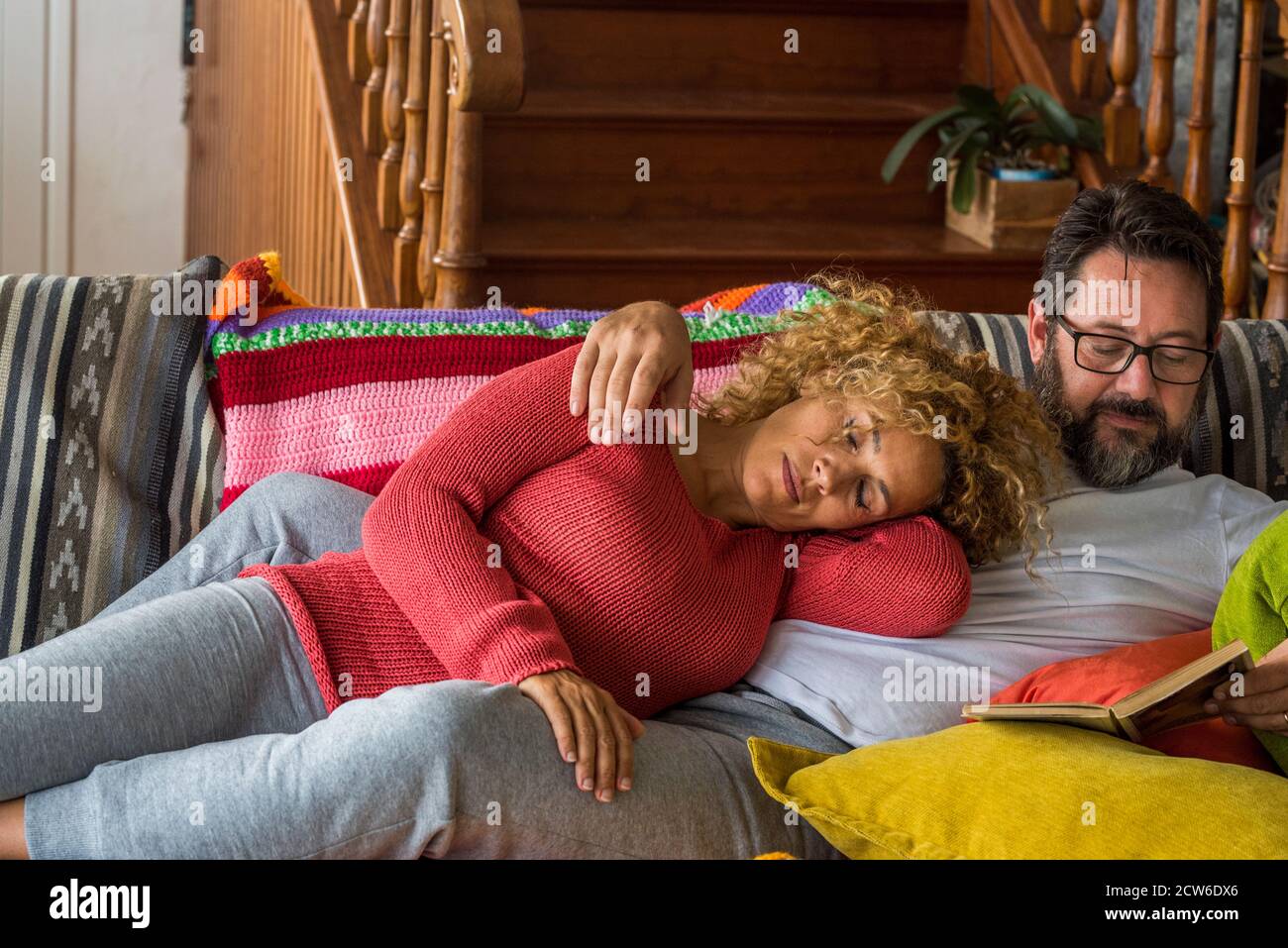 Real life together couple at home having relax and relaxing leisure ...