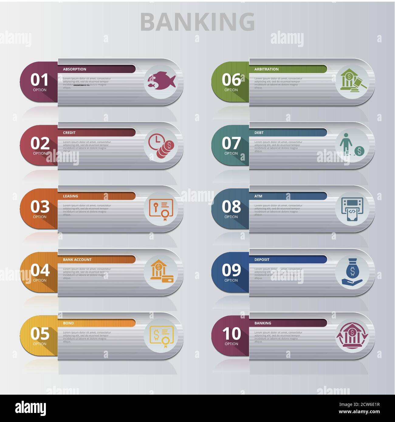 Infographic Banking template. Icons in different colors. Include ...